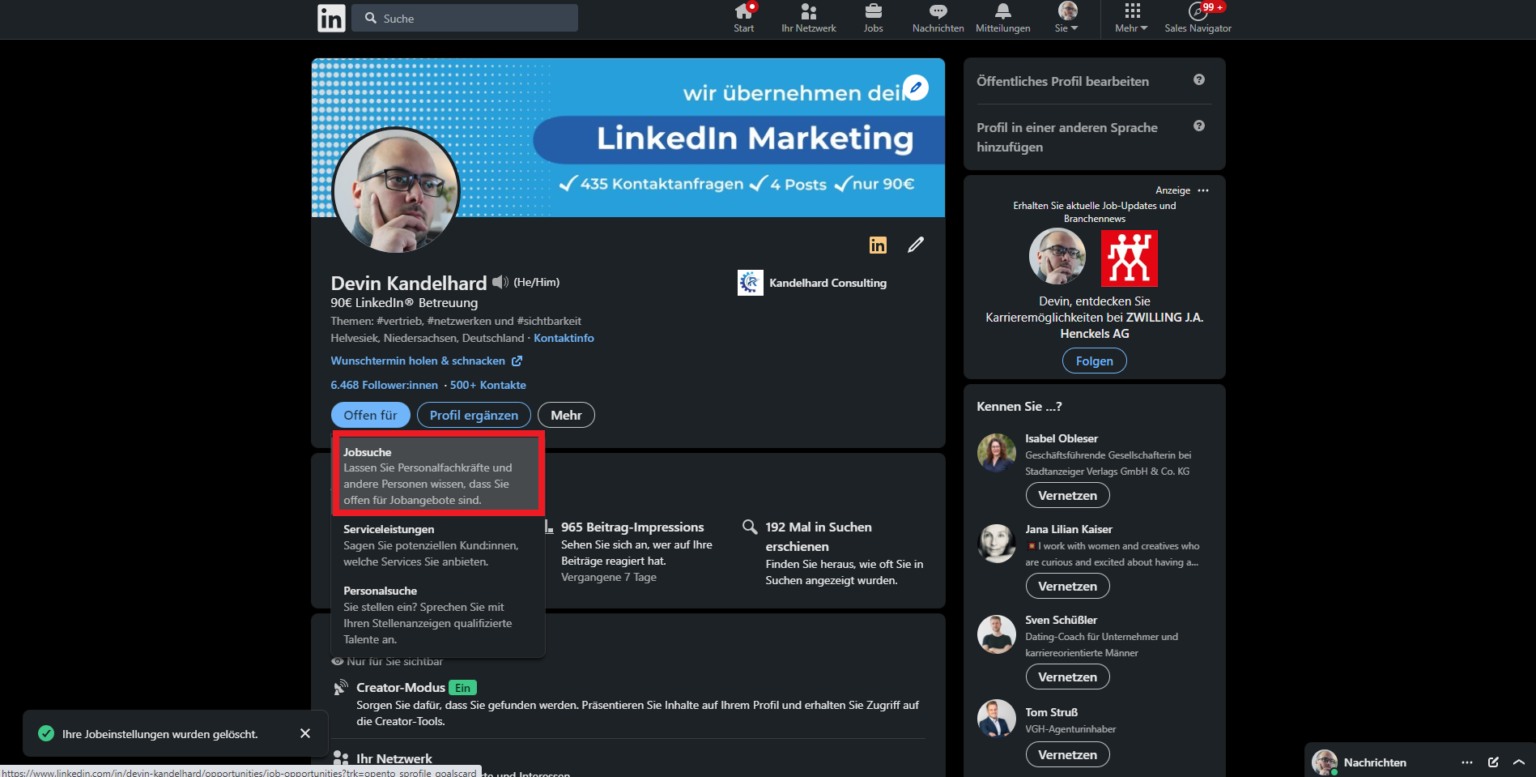 LinkedIn® #OpenToWork: "Offen für Jobsuche" an/aus