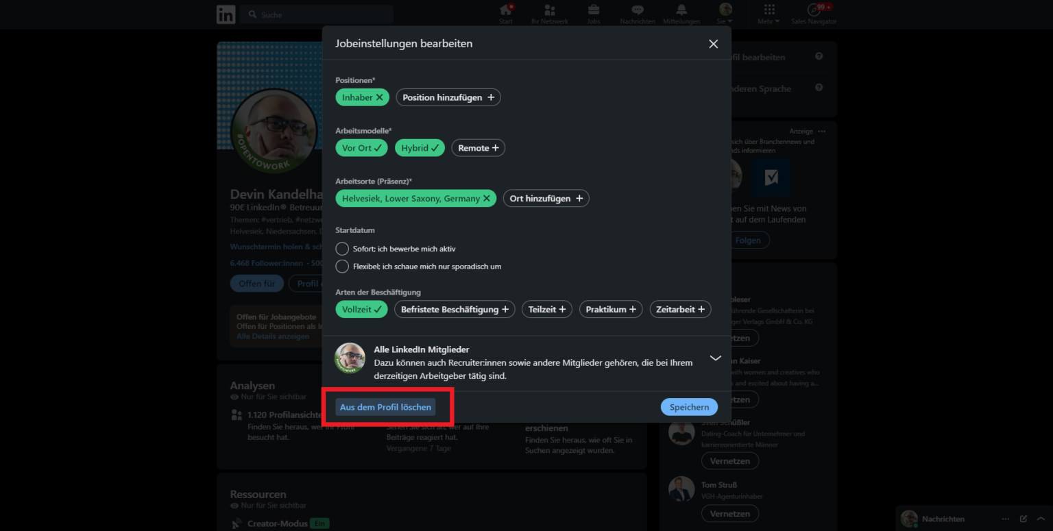 LinkedIn® #OpenToWork: "Offen für Jobsuche" an/aus